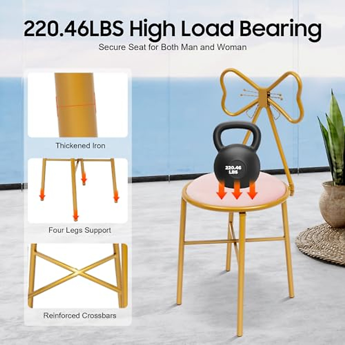 Pink Butterfly Dressing Chair Makeup Chair, Velvet Cushion Deep Gold Metal Frame Chair Lounge Dresser Chair with Bow Backrest and Velvet Cushion Used for Bedroom Home Garden Living Room(Light Pink)