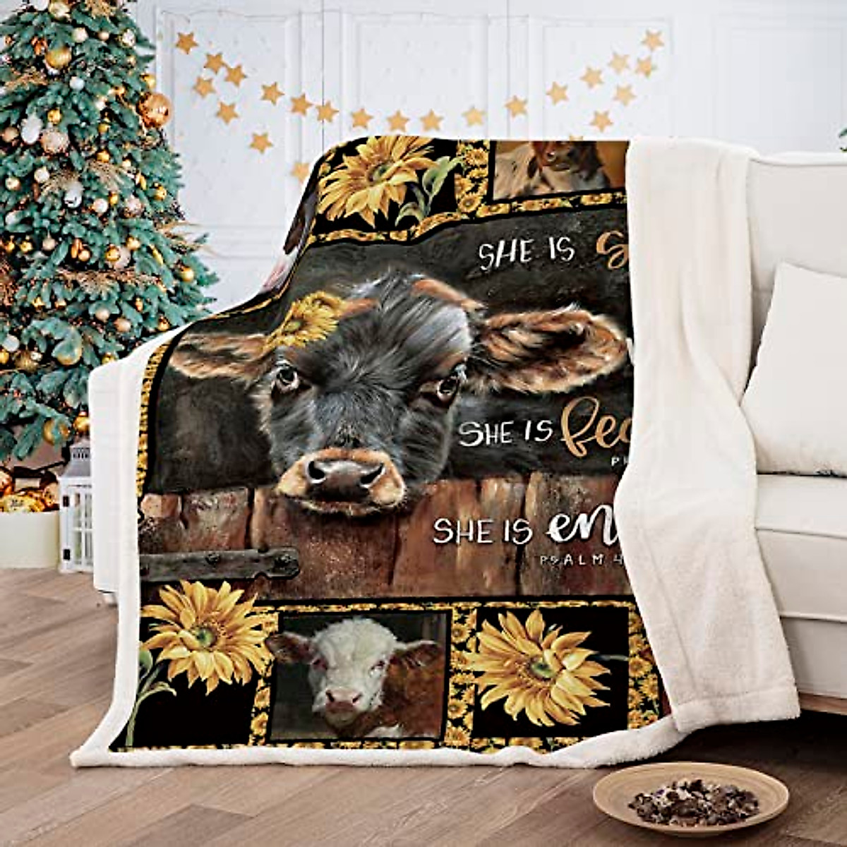 Cow Sunflower Print Sherpa Throw Blanket Yellow Flower Fleece Blankets Gift for Women Wife or Girlfriend Super Soft and Warm Sofa Bedding Blankets 60"X80"