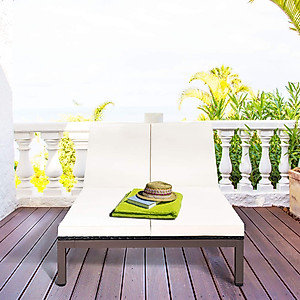 DORTALA 2-Person Patio Rattan Recliner Chair W/Wheels & Cushion, Double Wicker Daybed Chaise Lounge Chair with Adjustable Backrest, Outdoor Furniture Conversation Set for Garden Lawn, White