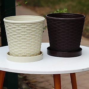 QLINDGK Bamboo Woven Plant Pot, Plastic Plant Pots with Drainage and Saucer Nursery Seedling Planter Garden Flower Pot Container for Indoor Outdoor Bonsai Plants
