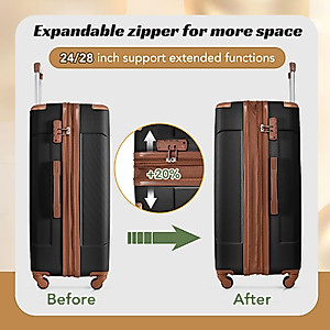 Merax Luggage Set 3 Piece Expandable Lightweight Spinner Suitcase with Corner Guards (Black brown, 20/24/28)