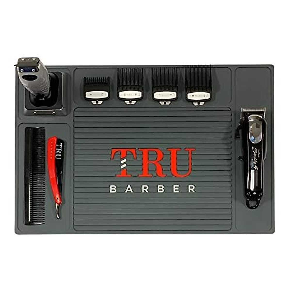 TRU BARBER Organizer Mat 18" X 13" (Charcoal Grey) Flexible PVC Station Mat, Salon Barbershop work station pads, Beauty salon tools, Counter mat for clippers, anti slip