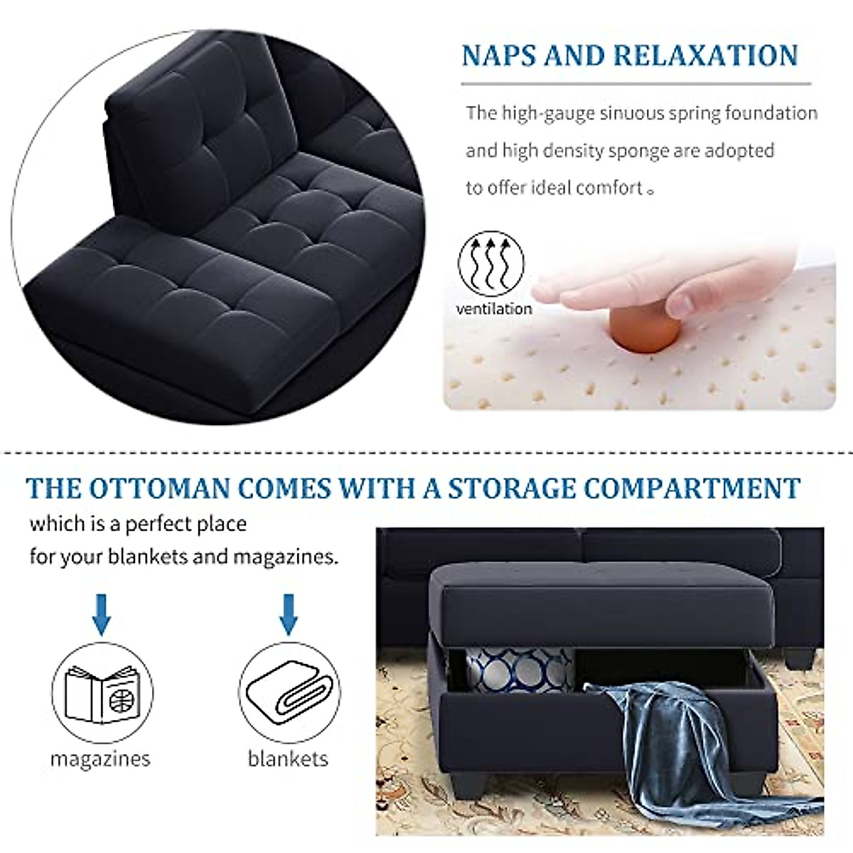 FANYE L-Shaped Oversized Corner Reversible Sectional Sofa Couch W/Chaise & Storage Ottoman,Modern 6 Seaters Velvet Upholstery Sofa&Couch with Cupholders for Home Office Apartment Living Room