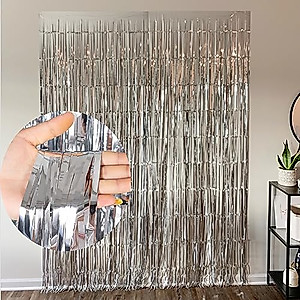 6.6x8.2 Feet Silver Foil Tinsel Fringe Backdrop Curtains with 26.2 Feet Circle Star Paper Garland Door Party Streamer for Birthday Bachelorette Bride Baby Shower Wedding Graduation Party Decorations