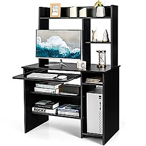 Tangkula Computer Desk with Hutch, Home Office Desk with Keyboard Tray & CPU Stand, Space Saving Study Writing Desk with Storage Bookshelves, Desk Workstation with Hutch for Bedroom, Black