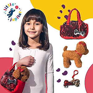 Little Jupiter Plush Pet Set with Purse w/Reversible Sequins & Charm - Stuffed Animal Toy for Kids Ages 4-5 - 6-7 - Stuffed Animal Purse - Stuffed Animals for Girls - (Brown Labradoodle)