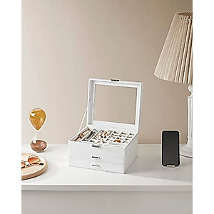 SONGMICS Jewelry Box, Lockable Jewelry Storage Organizer, Jewelry Case with Glass Window, for Rings, Earrings, Studs, Bracelets, Necklaces, White UJBC158W01