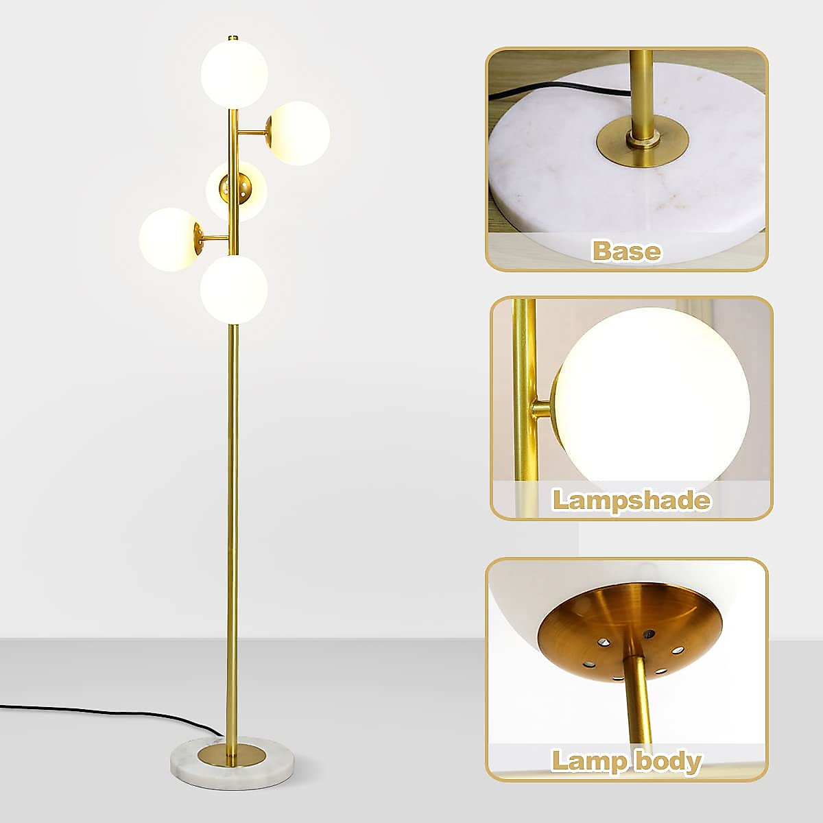 KCO Lighting 5-Light Frosted White Glass Globe Floor Lamp Mid Century Modern Gold Tall Pole Standing Light LED Standing Lamps with Foot Switch for Home Office (Gold)