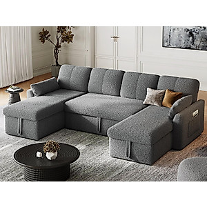 YITAHOME 105" Oversized Sleeper Sofa, 2 in 1 Convertible Sofa Bed with Pull Out Couch Bed and Dual Storage Chaise, U-Shape Sectional Sofa for Living Room, Teddy Fleece, Grey