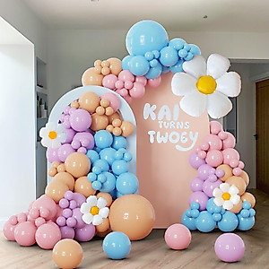 BlissBash 119Pcs Blue Peach Balloon Garland Arch Kit with Pastel Purple, Pink, Daisy Flower Balloons, Perfect for Girls' Birthday Decorations, Puppy-Themed Party Supplies, Dog Party
