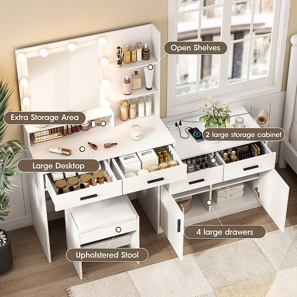 Vabches Vanity Desk with Mirror and Lights,Makeup Vanity with Power Outlet&Stool,3 Color Lighting Modes,White Vanity Table Set with 4 Drawers,Lots Storage and Shelves