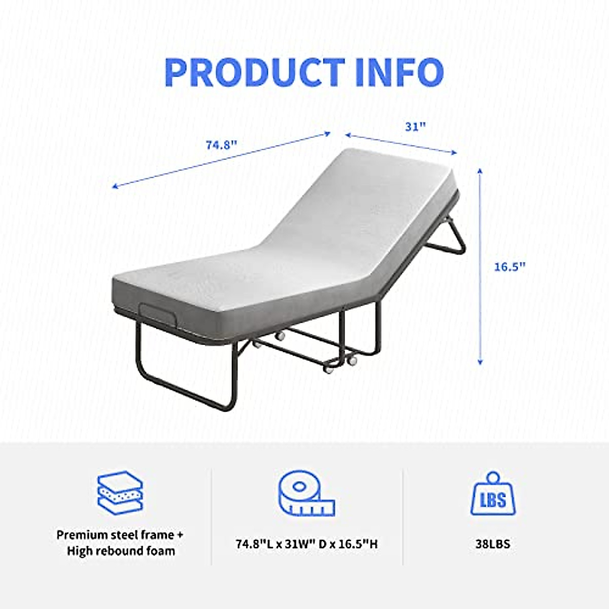ZAFLY Folding Bed with 4 Inch Mattress,Rollaway Folding Guest Bed Fold Up Bed with Lockable Wheels,Space Saving Foldable Bed Portable Bed,Rollaway Bed with Folding Mattress for Adults,75 x 31 Inch