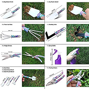 Garden Tools Set, JUMPHIGH 10 Pieces Gardening Tools with Purple Floral Print, Ergonomic Handle Trowel Rake Weeder Pruner Shears Sprayer, Garden Hand Tools with Carrying Case Gardening Gifts for Women