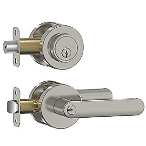 BAOLONG Entry Door Knob and Single Cylinder Deadbolt Lock Comboset,Brushed Nickel Round Locking Lever Handle Set Reversible for Right or Left Door