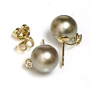 14k Gold Tahitian South Sea Diamond Pearl Stud Earrings 8 MM AAA Flawless - Light Chocolate