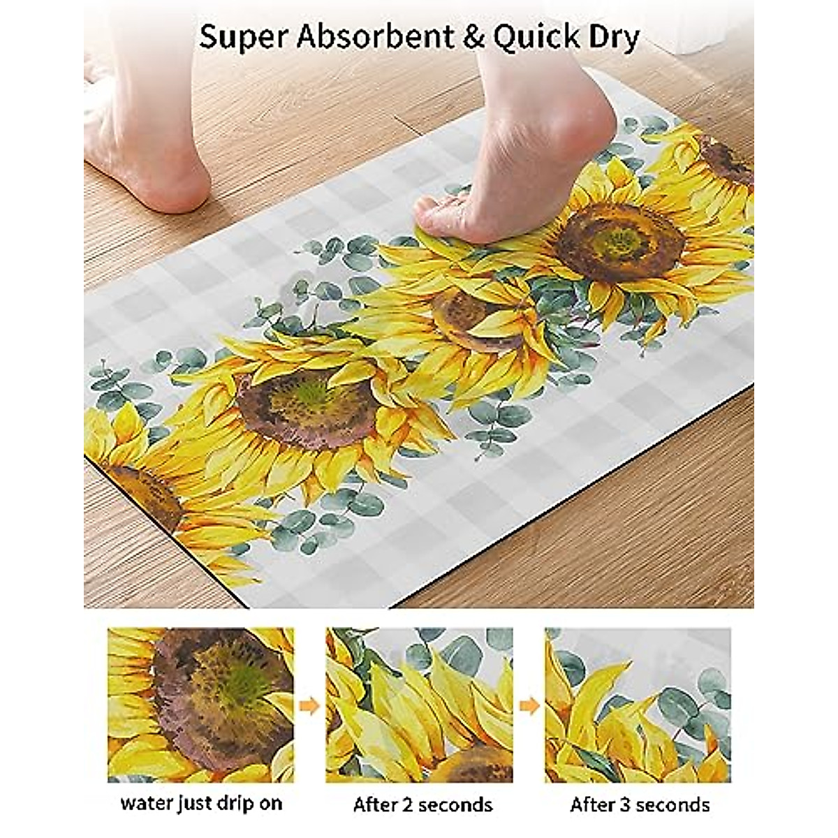 Sunflower Eucalyptus Bath Mat for Tub,Non Slip Bathroom Floor Runner Rug Quick Dry & Absorbent Diatomaceous Earth Shower Sink Kitchen Living Room Washable Doormat,Farmhouse Buffalo Plaid Grey 24"x36"