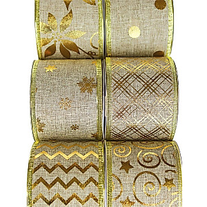 Gold Ribbon Wired Christmas Tree Ribbon 2.5 Inch Burlap Ribbons Xmas 6 Rolls 36 Yards Metallic Glitter Crafts Decorating Gift Wrapping Bows Gift Wrap Bow Trees Topper Wreath Indoor/Outdoor