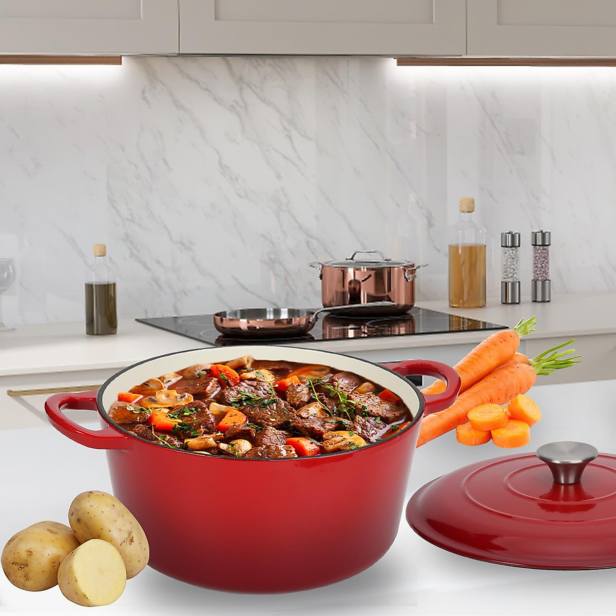 GreatChef Enameled Cast Iron Dutch Oven Casserole with Lid, 5.5 Quart, Oven Safe up to 500°F - Heavy-Duty, Versatile Cookware for Marinating, Cooking, Baking, Refrigerating, and Serving