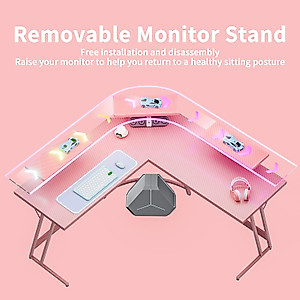 VICTONE L Shaped Gaming Desk, Corner Desk with Monitor Stand, Computer PC Table for Home Office Writing Studying Working, Space-Saving, Easy Assemble(Pink,51'')
