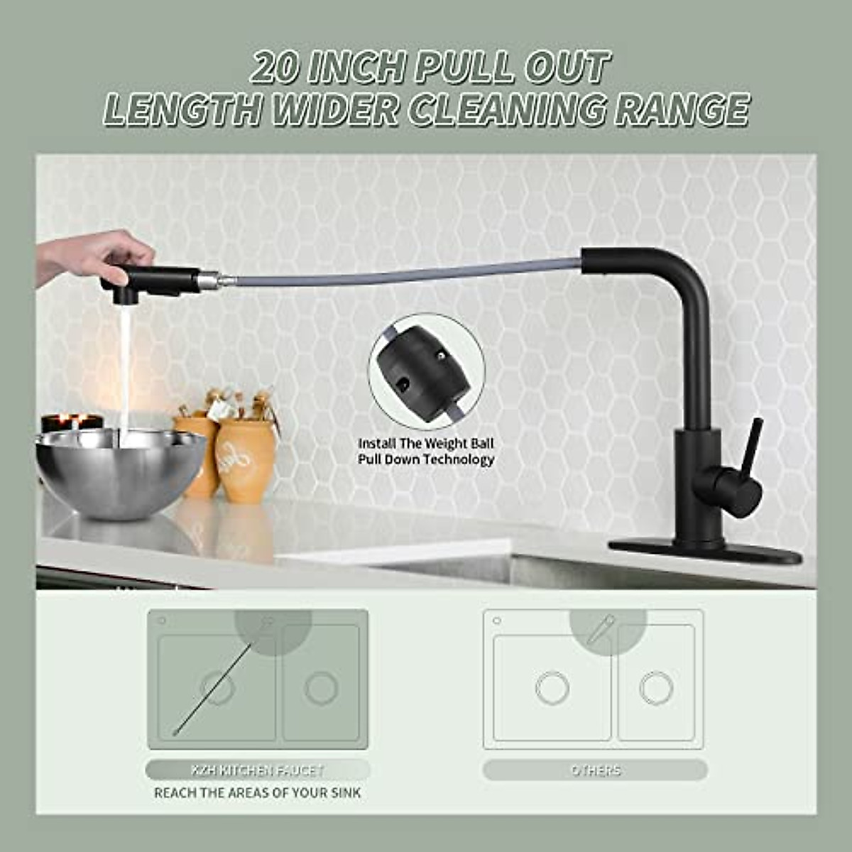 KZH Matte Black Kitchen Faucets with Pull Down Sprayer, Single Handle Kitchen Sink Faucet with Pull Out Sprayer with Deck Plate for Rv/Bar Sink/Laundry/Outdoor tap
