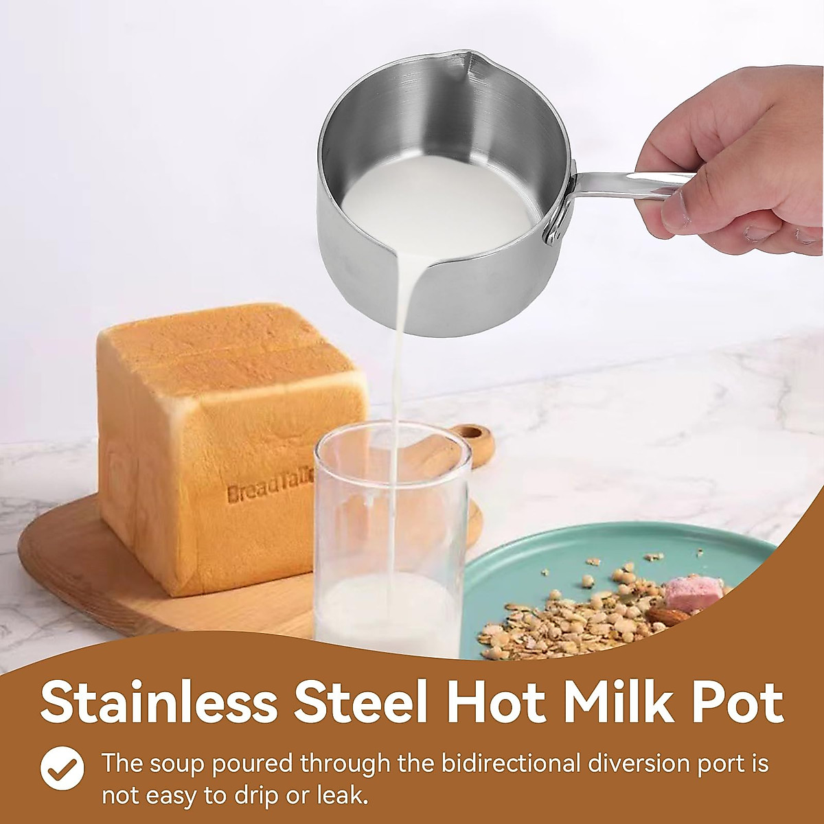 Stainless Steel Saucepan, 10oz Butter Melting Pot Butter Warmer with Dual Spouts and Long Handle Stove Top Thickened Sauce Pan for Milk Butter Sauce