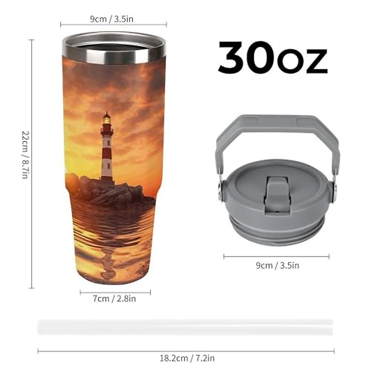 STVNKML 30 Oz Tumbler with Handle And Straw, Sea Lighthouse in Sunset Leakproof Stainless Steel Water Bottle for Hot & Cold Drinks 24 Hours, Car Cup Holder Friendly, Travel Mug for Home, Office, Gym
