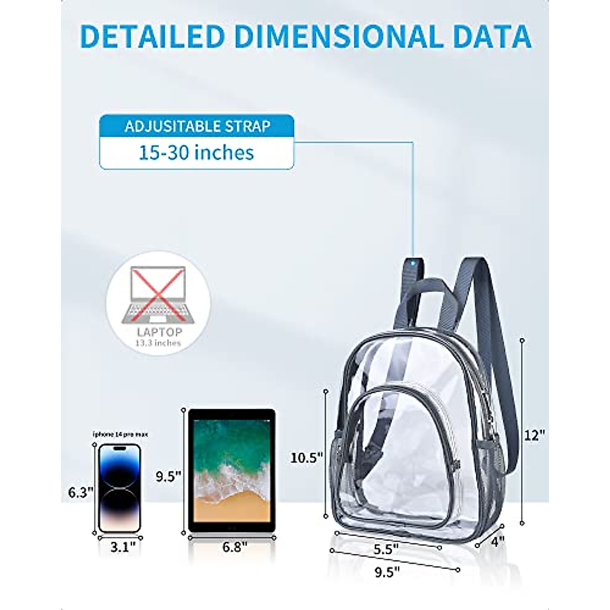 Lyingflat Clear Backpack Stadium Approved, Small Clear Backpack with Reinforced Shoulder Straps, Clear Bag Stadium Approved for Concert Sport Event Festival Work Travel -Grey
