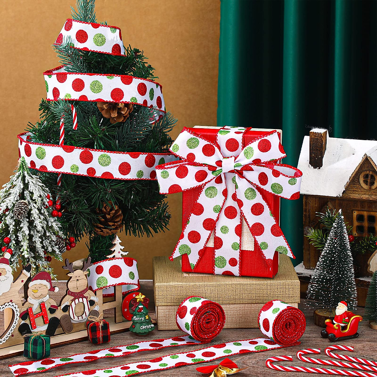 Tatuo 2 Rolls Christmas Glitter Wired Ribbon Christmas Tree Burlap Ribbon Green Red Polka Dot Ribbon Sparkly Xmas Tree Decoration DIY Bows Wreath(1.5 Inch x 6 Yard Per Roll,White Base)