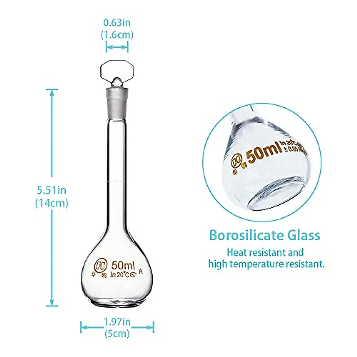 50ml Volumetric Flask with Ground Glass Stopper, Class A, 3.3 Borosilicate Glass with White Graduation, HUAOU, Pack of 2