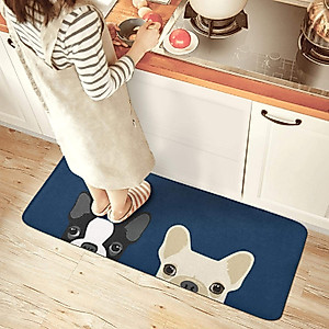 47"*18" Long Kitchen Mat Boston Terrier and French Bulldog Friends Microfiber Rubber Backing Non-Slip Water-Absorbent Anti-Fatigue Classic Foam Kitchen Rugs