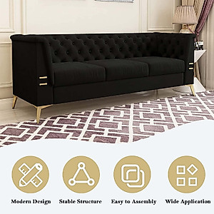 Tomkate Chesterfield Sofa, 82" Velvet Upholstered 3 Seater Couches with Flared Arms and Removable Cushions, Mid-Century Modern Sofa Couch with Solid Wood Frame and Gold Legs for Living Room (Black)
