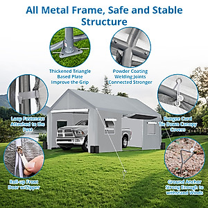 GAOMON Carport 10'x 20' Heavy Duty Carport Canopy with Semi-Auto Ventilated Windows & Roll-up Door w/Zipper, Portable Garage with Steel Frame and Waterproof UV-Treated Cover for Car, Boats, Truck