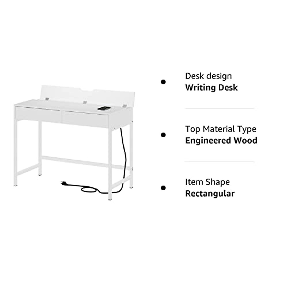 Treocho Computer Desk with USB Charging Ports and Power Outlets, Modern Simple 40 inch White Desk with 2 Drawers, Vanity Desk, Makeup Table for Home Office, Bedroom
