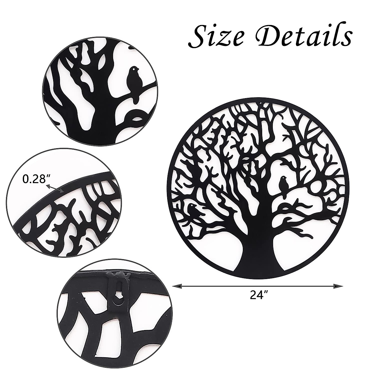 Asense 24 Inch Metal Tree Leaf Wall Art Sculptures Home Decor Hanging Round Tree of Life Home Garden Bedroom Living Room Indoor Outdoor Decoration (Tree-Round-Black)