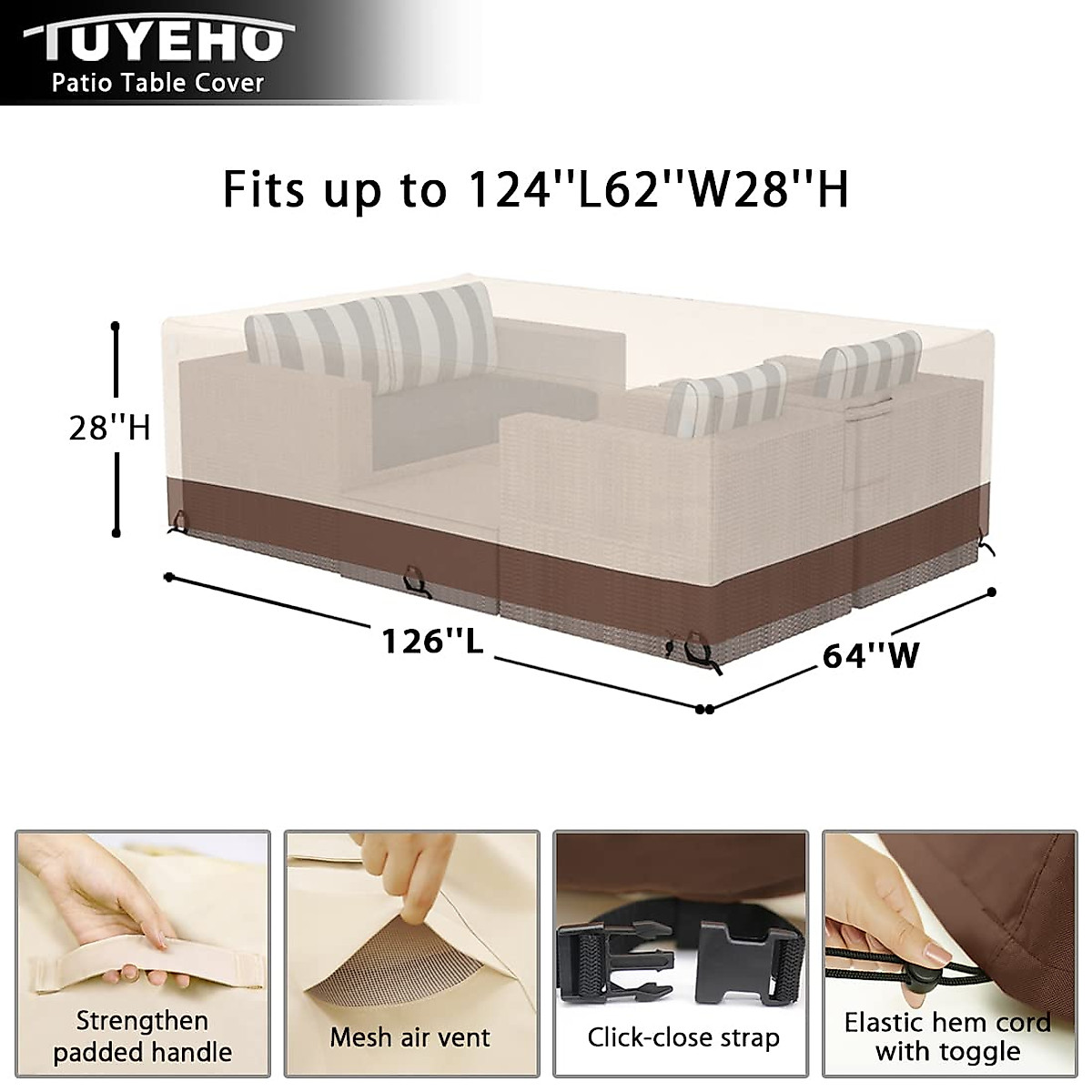 Tuyeho Patio Furniture Set Cover 126 x 64 x 28 inch, Durable Heavy Duty Oxford Fabric Outdoor Sectional Set Cover, Waterproof & Weather Resistant, for Your Outdoor Sectional Sofa Set (Beige & Brown)