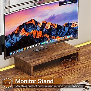 SEDETA L Shaped Computer Desk, 65'' Office Desk with Keyboard Tray & LED Light, L Shaped Desk with Storage Shelves and Monitor Stand for Home Office, L Desk, Rustic Brown