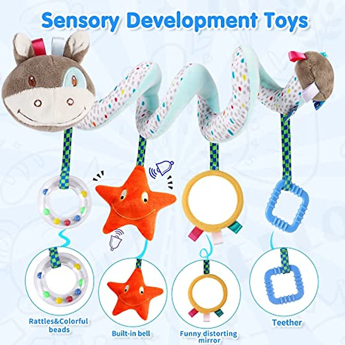 XIXILAND Car Seat Toys for Babies 0-6 Months, Baby Toys 0-6 Months Stroller Toys Infant Toys 0-3 Months, Newborn Toys 0 3 Months Brain Development Crib Toys Hanging Toys with Mirror Rattles Teether