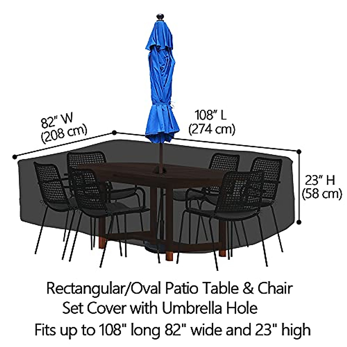108 Inch Rectangular Oval Patio Table Chair Set Cover with Umbrella Hole Waterproof Outdoor Dining Table and Chairs Cover Rectangle, Black