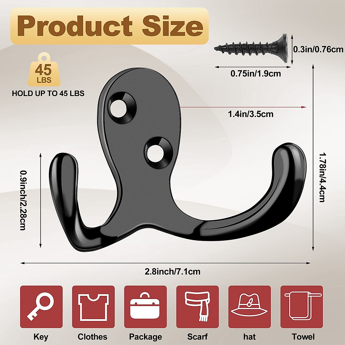 Telodyme 20 Pcs Coat Hooks,Heavy Duty Double Prong Hooks with 40 Screws,Wall Hooks Robe Hooks for Bathroom Kitchen Entryway,No Rust Wall Mounted Utility Hooks for Towel Key Bag Scarf Cup(Black)