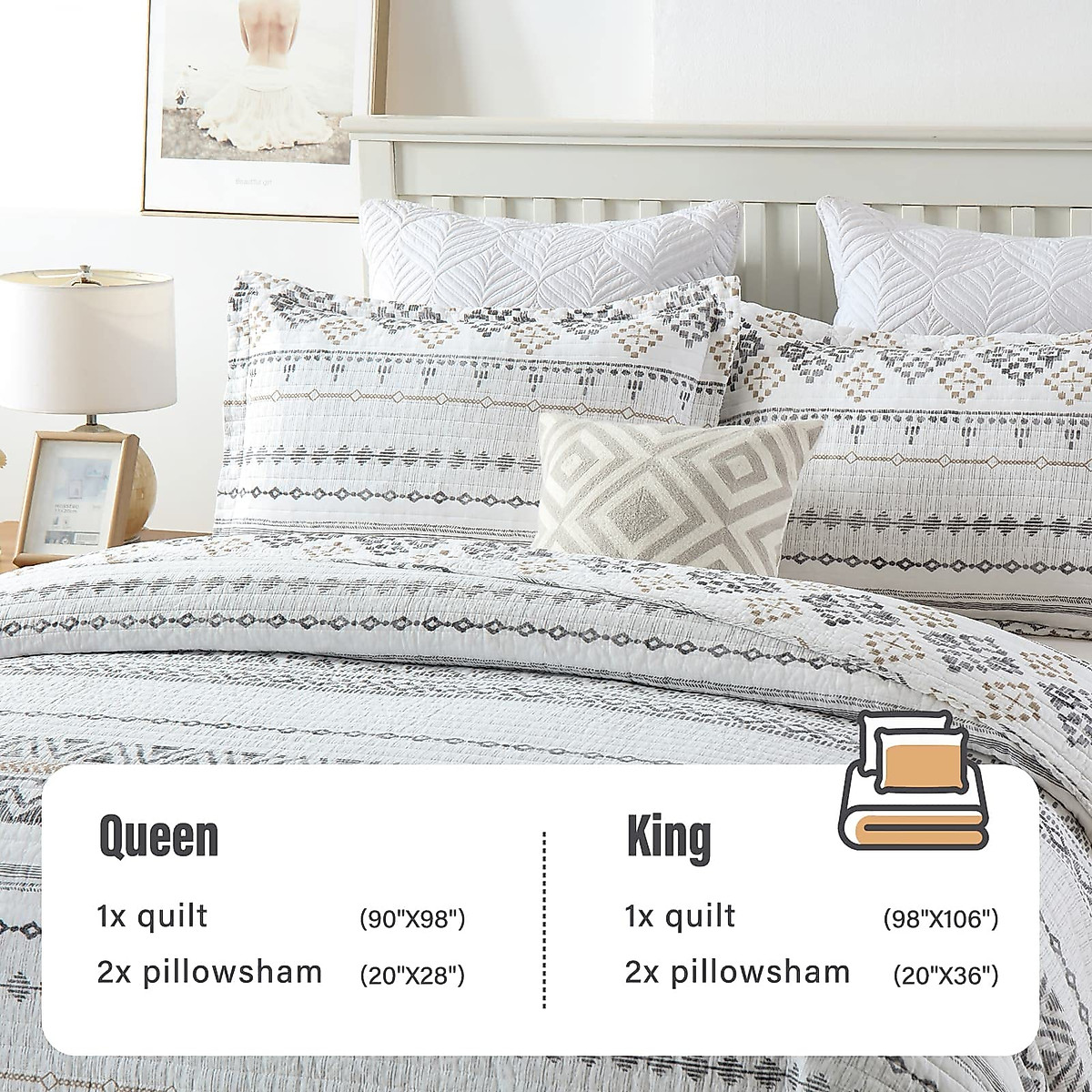 Y-PLWOMEN Queen Size Quilt 100% Cotton Boho Queen Quilts, White Queen Quilt Sets, Lightweight Bohemian Queen Size Bedspreads for All Season, 3 Piece