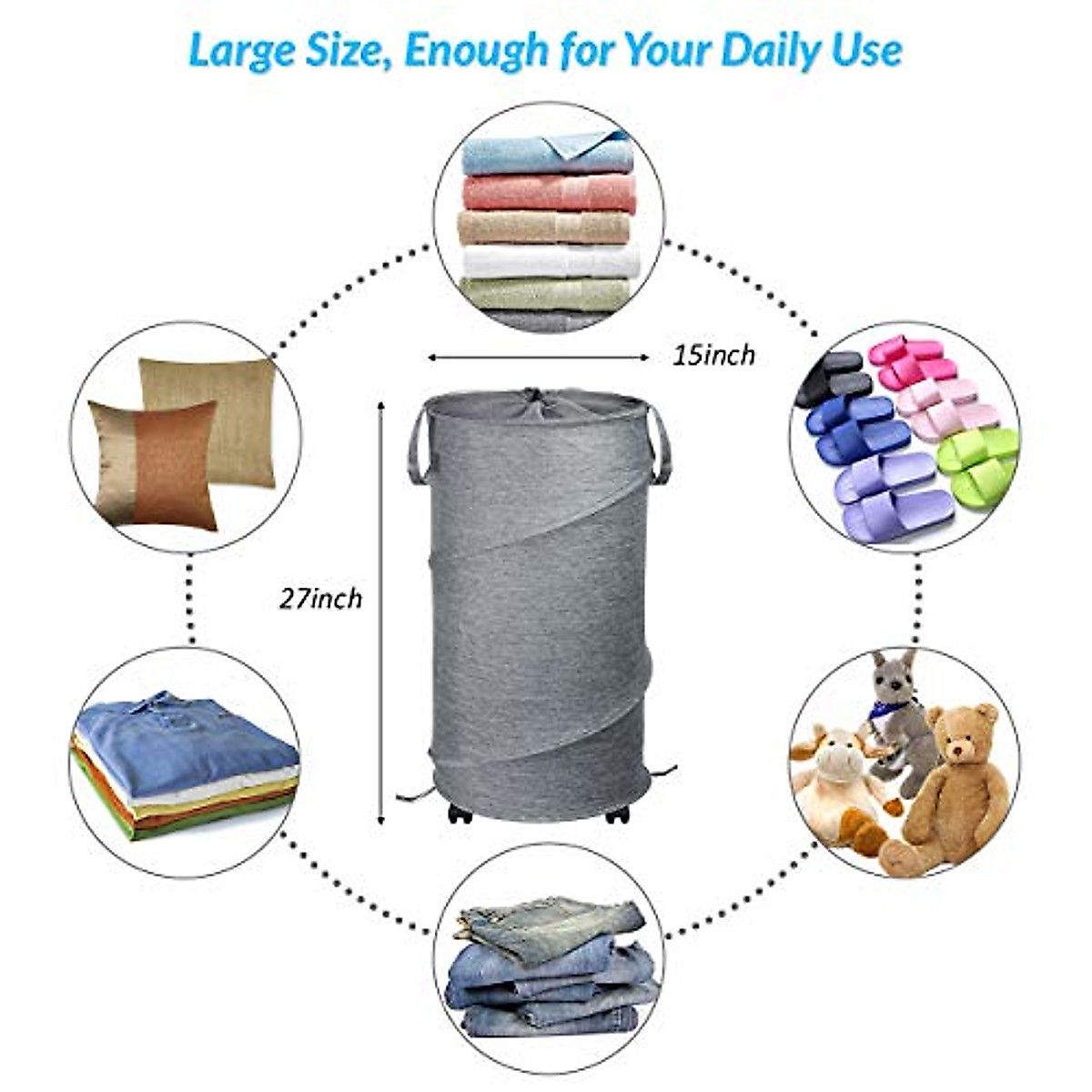 Laundry Hamper with Wheels, Collapsible 77L Large Laundry Baskets with Handle, Fabric Foldable Tall Dirty Clothes Bag Storage Organizer Washing Bin for Laundry, Bedroom, Bathroom, College Dorm Hamper