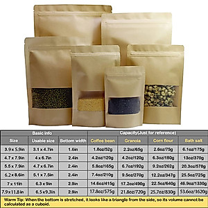 PQZKLDP 100pcs Assorted-Size Kraft Paper Bags with Matte Windows Reusable Smell Stand Up Pouches Bakery BagsFood Candy Coffee Tea Spice Sample Storage Sealable Bags for Small Business Packaging