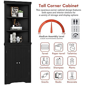 YESHOMY Corner Cabinet Shelves Side Freestanding Storage Organizer with Large Space and Two Doors, Home Furniture for Multifunction in Living Room, Bathroom, Hallway, Kitchen, Bedroom, Black
