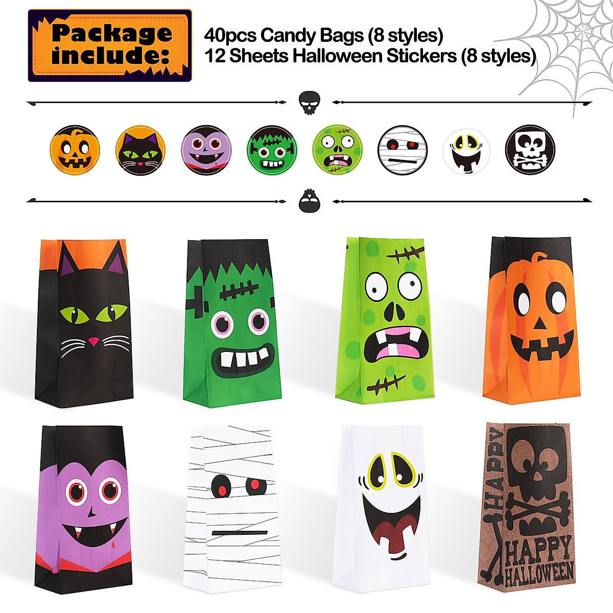 DECORLIFE 40 PCS Cute Halloween Goodie Bags, 8 Style Halloween Treats Bags Party Favor, Trick or Treat, Gifts, Candies, Snacks, Party Supplies, 40 Stickers Included