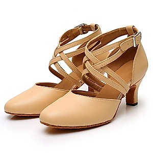 DKZSYIM Women's Latin Ballroom Dance Shoes Close Toe Character Modern Tango Salsa Performance Dancing Shoes,7161-Nude-6,US 7