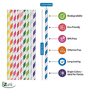 Zunii 300-Pack Multi-Color Biodegradable Paper Straws - 10 Bright Colors - Eco Friendly Straws for Juice, Soda, Cocktails, Shakes - Great for Birthday Parties, Bridal Showers, Cake Pop Sticks