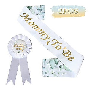 PATICARRY NEW HAPPYLAND - Neutral Maternity Sash & Daddy to Be Tinplate Badge Pin - Gender Reveal Party Neutral Sage Green - Sash Leaves Greenery Mom to be & New Dad Baby