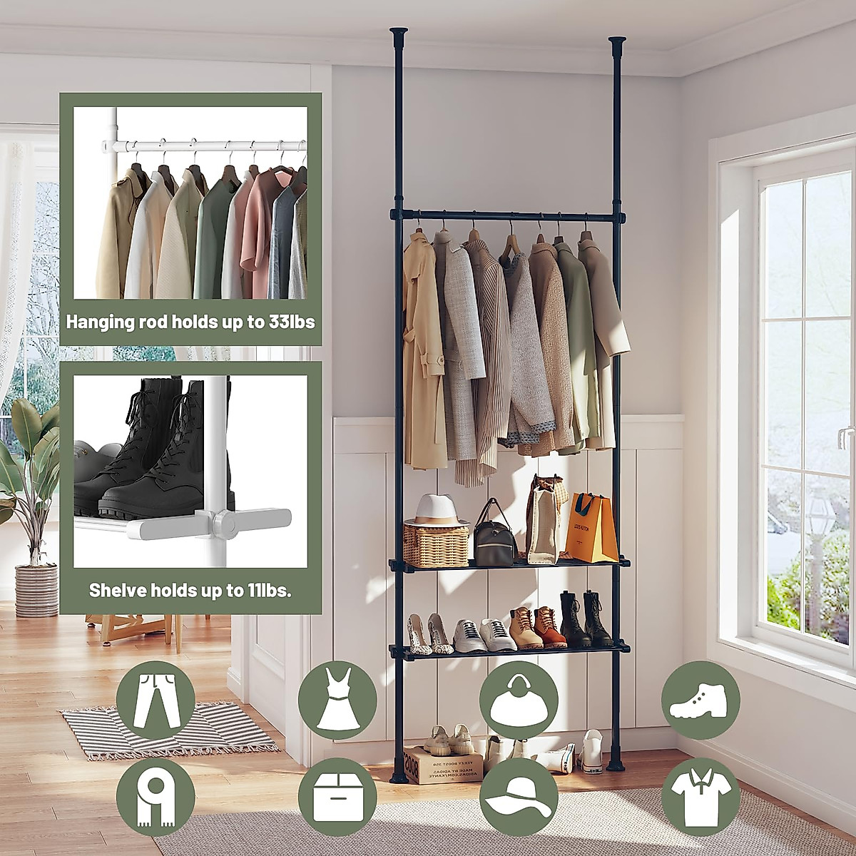 DYN Ptah Floor to Ceiling Adjustble Garment Rack, Heavy Duty Clothes Rack with 2 Shelves, Free Standing Clothing Hanger Tension Rod Cloth Storage Rack Black