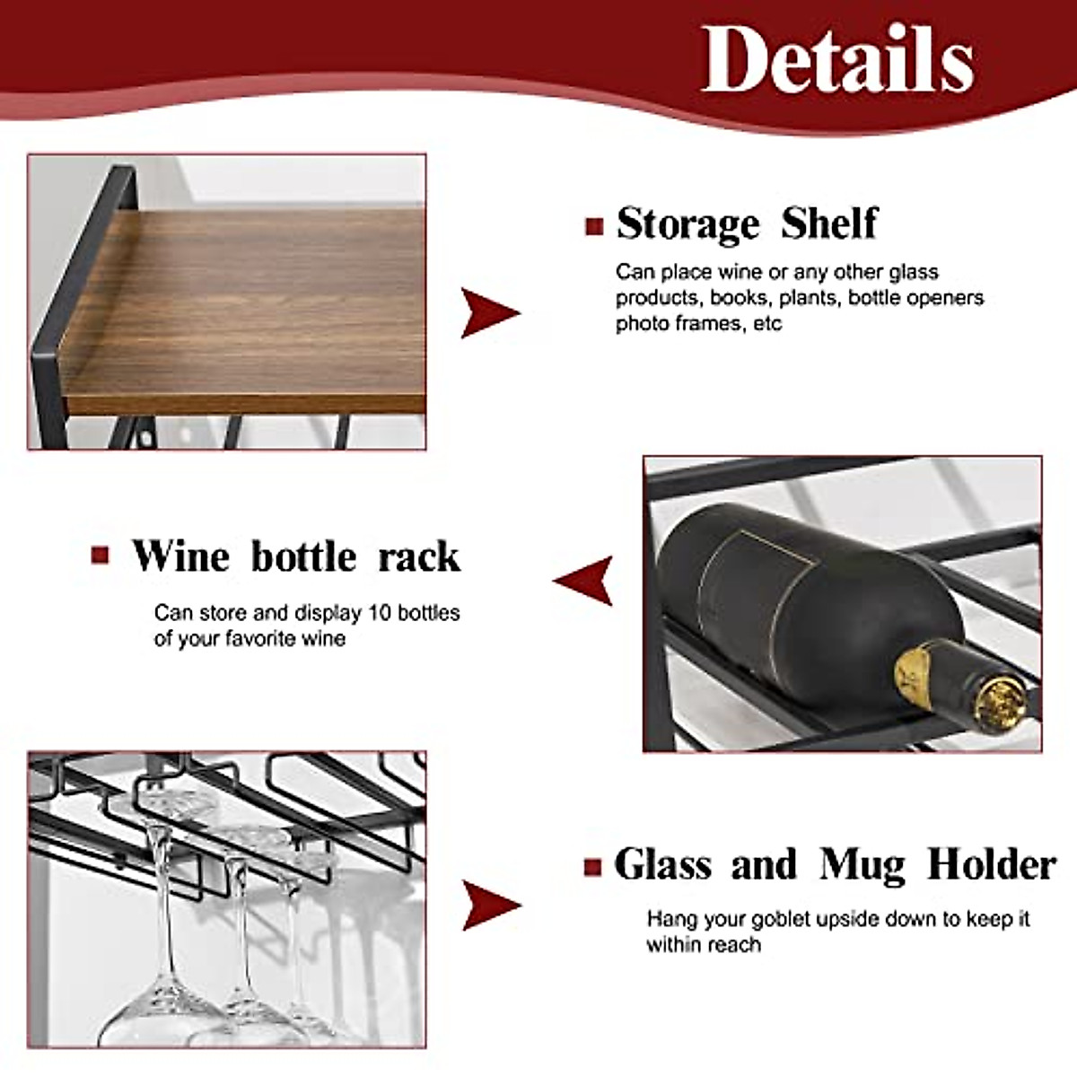 AUHOKY Industrial Wine Rack Wall Mounted Glasses Holder, 3-Tiers Metal Hanging Storage Display Shelf with Wine Bottles Glass Goblet Rack, Floating Shelves for Living Room Kitchen Home Decoration