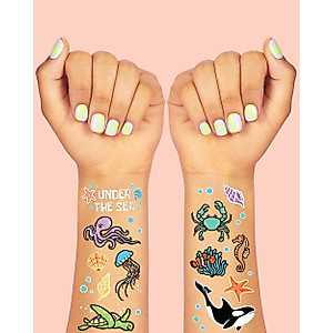 xo, Fetti Underwater Sea Creature Temporary Tattoos - 50 Glitter Styles | Ocean Animal Birthday Party Supplies, Shark, Dolphin, Crab, Fish, Arts and Crafts